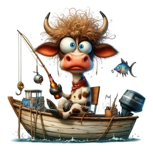 Fishing Cow Digital Clipart 15 PNG - Funny Cow Illustration With ...