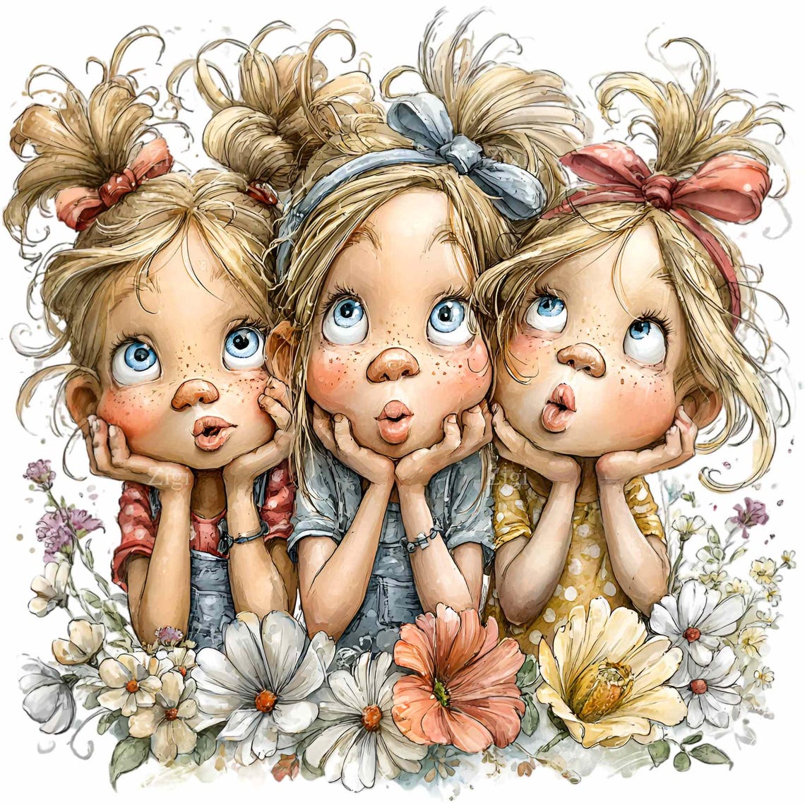 10 PNG Three Girls Clipart – Cute Watercolor PNG – Friendship Sisters ...