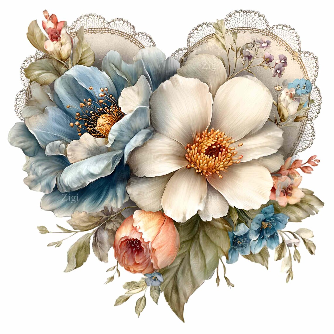 15 PNG Floral Heart Clipart – Vintage Flowers PNG – Romantic Lace ...