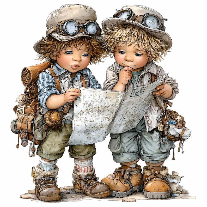 15 PNG Adventure Kids Clipart – Vintage Children Exploring With Map ...