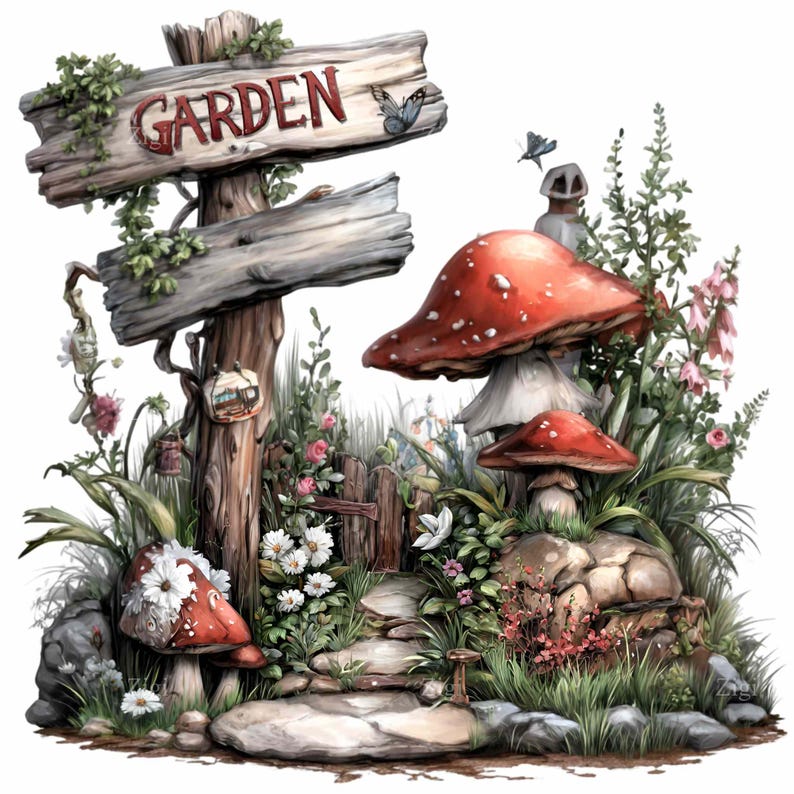 16 PNG Watercolor Mushroom House Clipart, Garden Sign Fairy Cottage ...