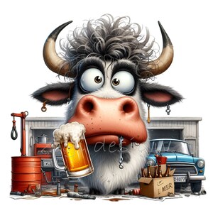 Comics Cow Mechanic Drinking Beer 15 PNG Father Gift Funny Cartoon ...