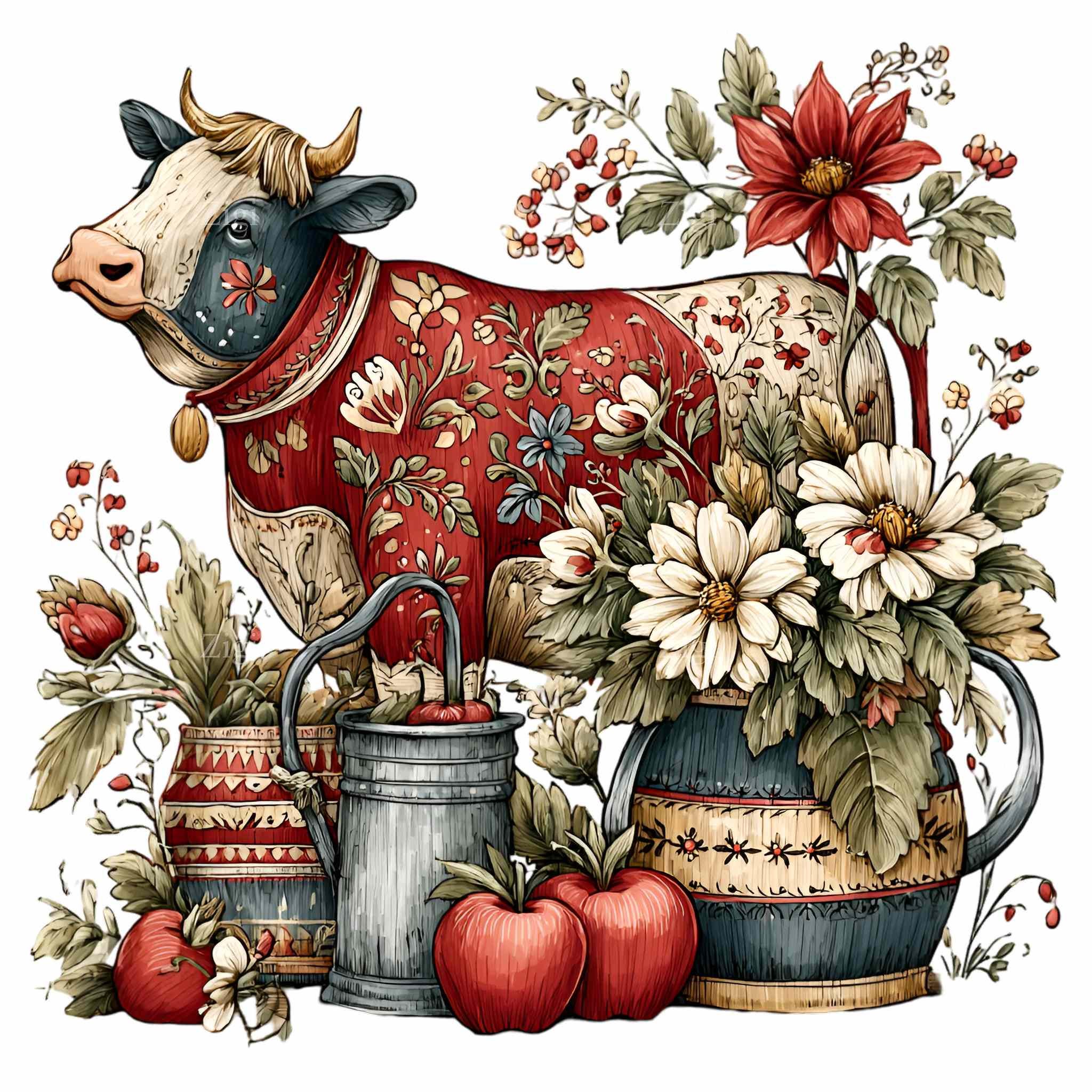 15 PNG Folk Art Cow Floral Farmhouse Clipart, Scandinavian Garden ...