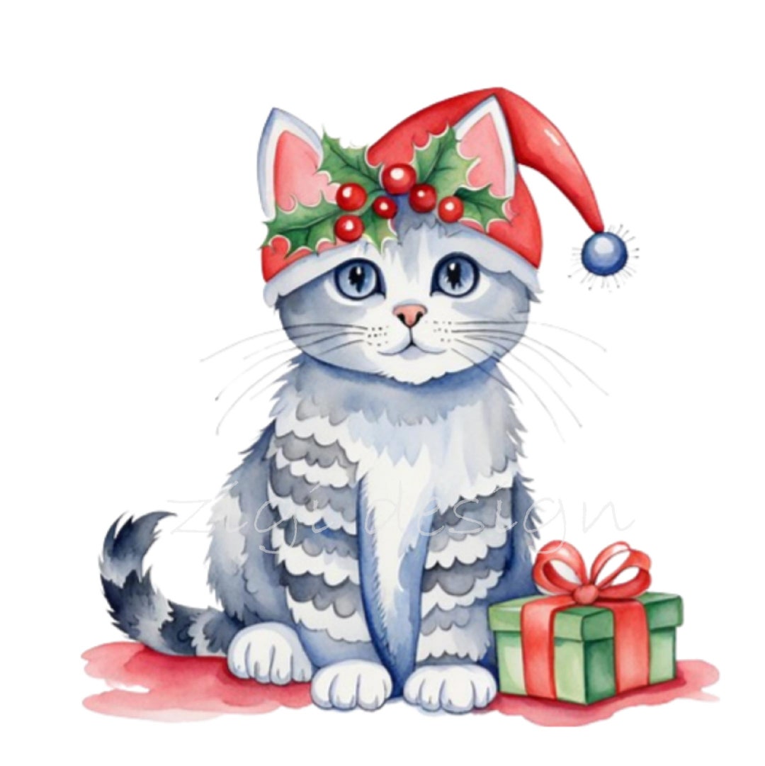 Christmas Cat Clipart 25 Watercolor Festive Kitten With Santa Hat and ...