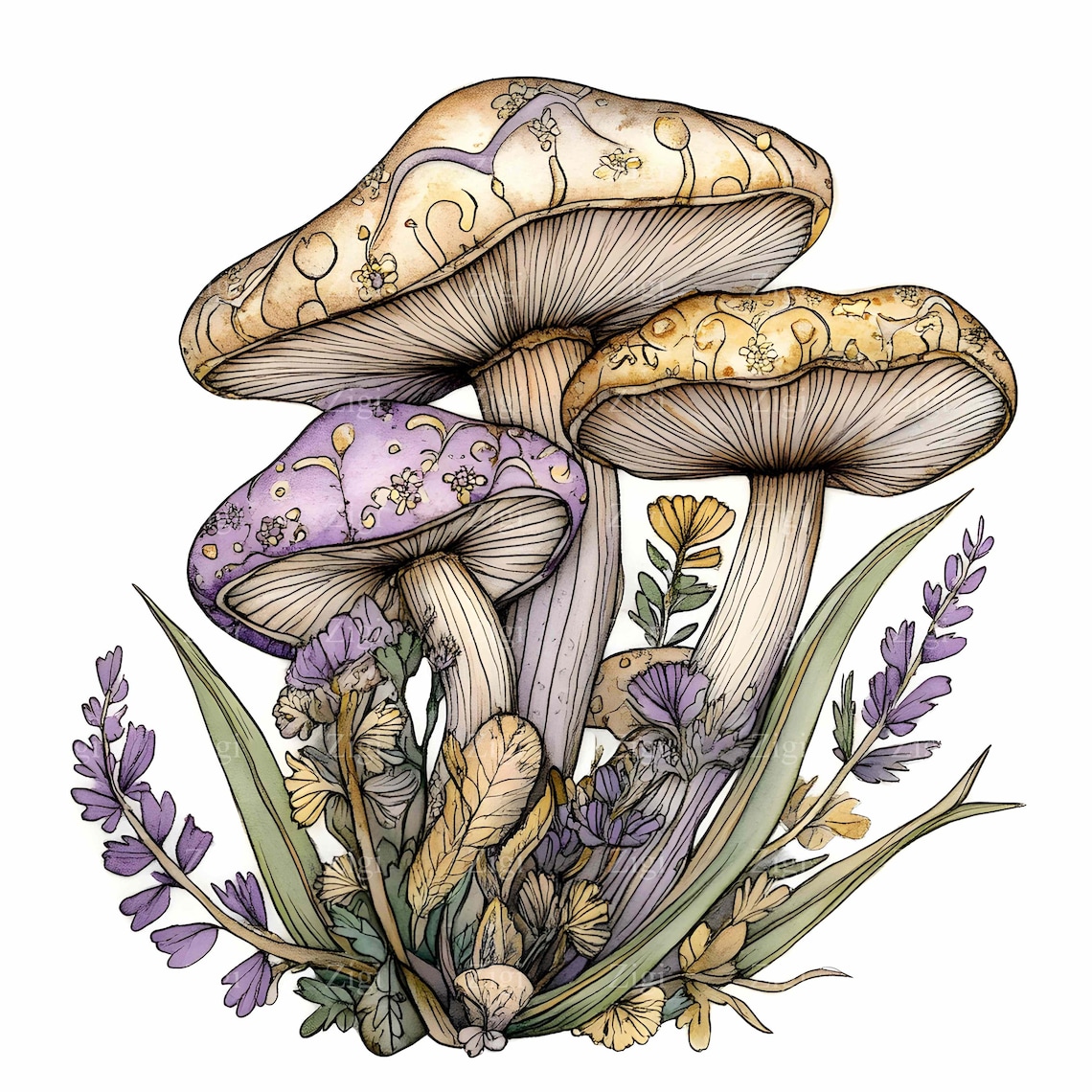 12 JPEG Mushroom Clipart - Purple Mushrooms With Flowers Illustration ...