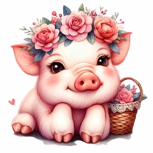 Floral Piglet Clipart, 12 Cute Pig With Flower Crown PNG, Adorable ...