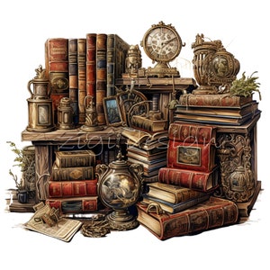 Vintage Bookshelf Clipart PNG, 15 Antique Books and Decor, Steampunk ...