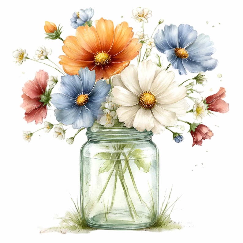 16 PNG Wildflower Jar Clipart – Colorful Floral Bouquet in Glass Mason ...