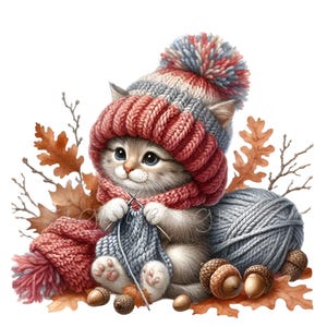 Knitting Kitten Clipart, 10 Cute Fall Cat PNG for Autumn Crafts ...