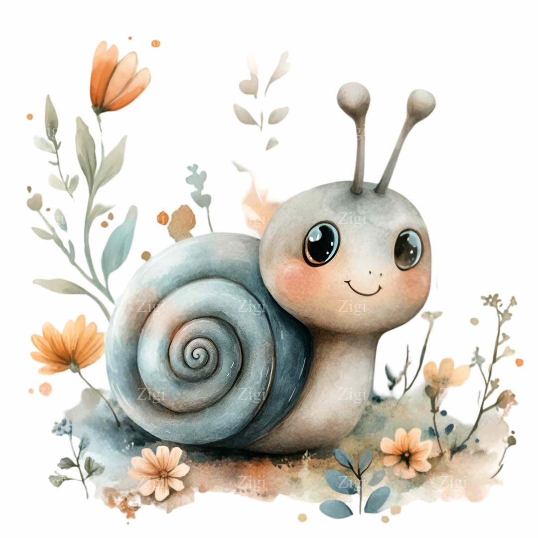 14 Cute Watercolor Snail PNG Clipart, Smiling Garden Snail With Flowers ...