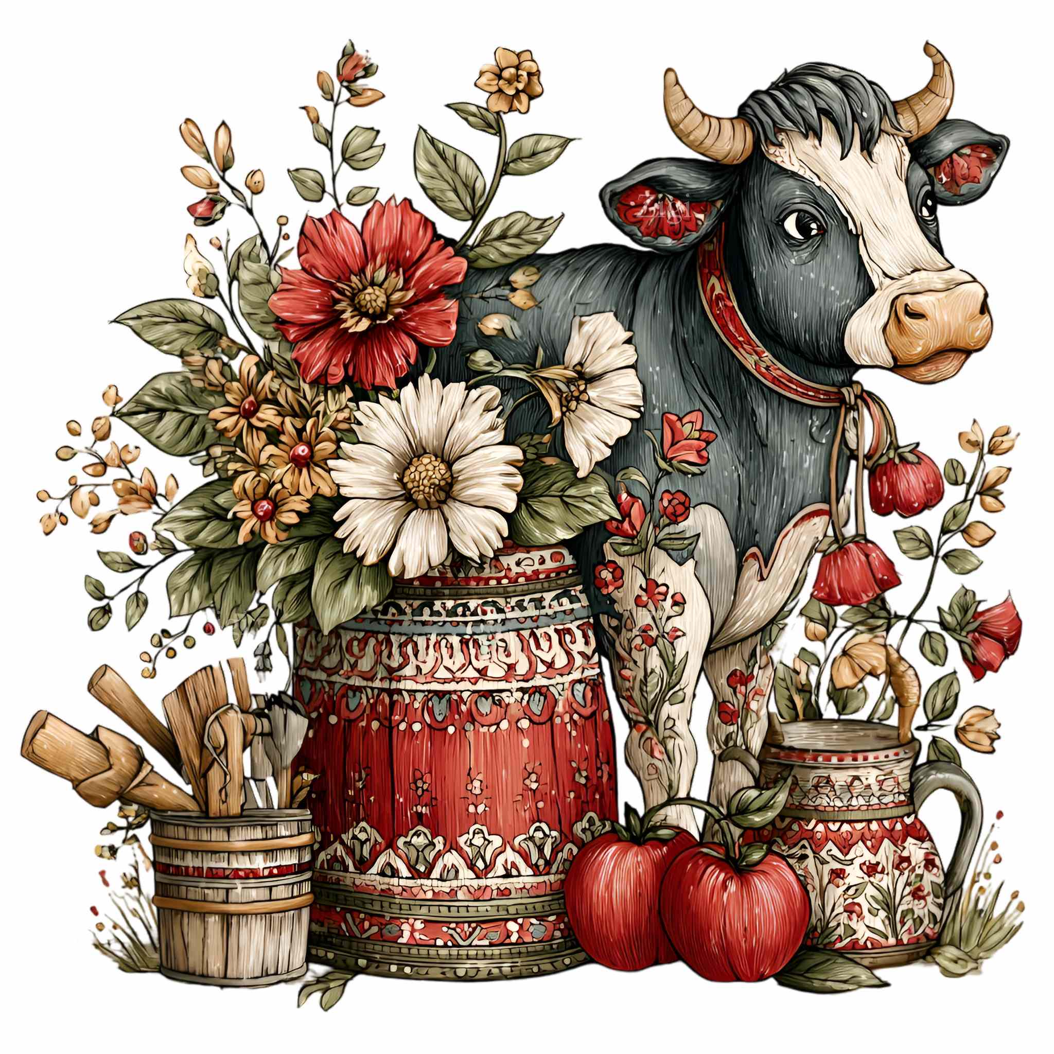 15 PNG Folk Art Cow Floral Farmhouse Clipart, Scandinavian Garden ...