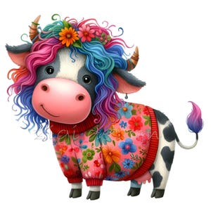 12 Rainbow-haired Cow PNG Clipart - Cute Floral Cow With Colorful Hair ...