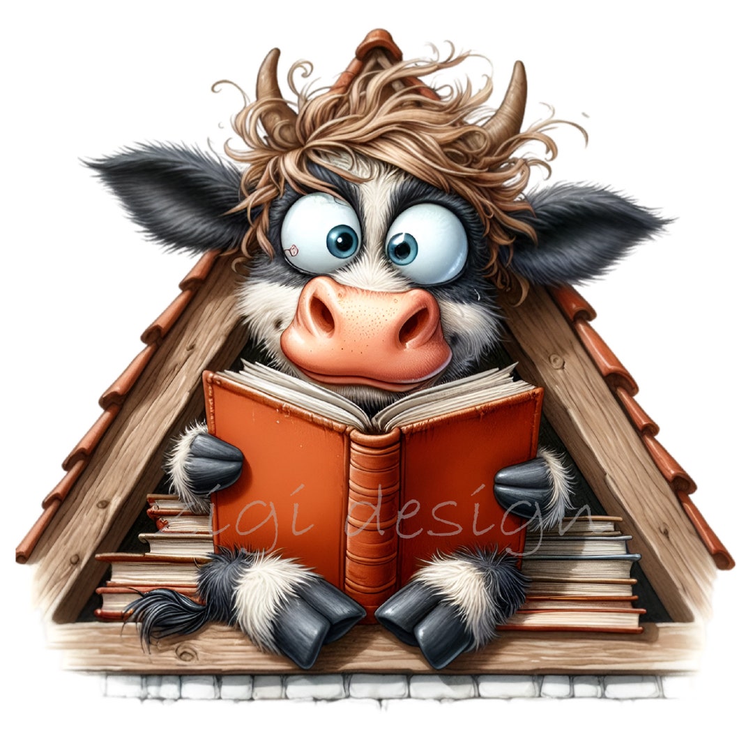 15 Funny Cow Reading Book PNG Clipart, Cartoon Highland Cow With ...