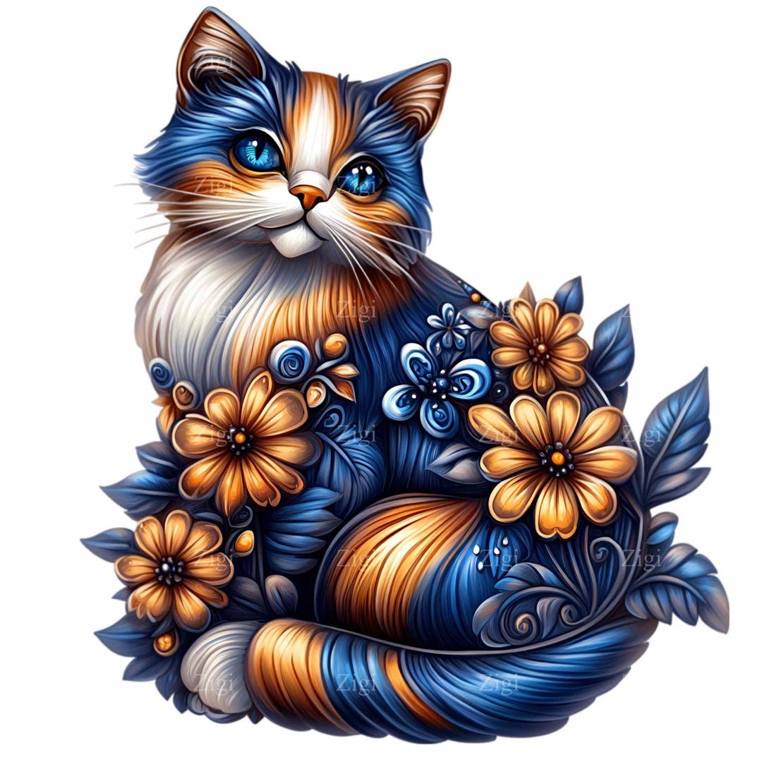 12 Blue and Orange Cat PNG Clipart, Floral Cat Illustration PNG ...