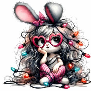 Adorable Bunny With Christmas Lights PNG Clipart, 12 Whimsical Heart ...