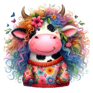 12 Rainbow-haired Cow PNG Clipart - Cute Floral Cow With Colorful Hair ...