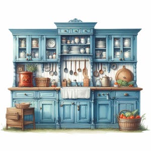 12 PNG Blue White Kitchen Hutch, Vintage Pantry Cabinet Clipart, Rustic ...