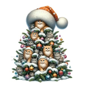 Christmas Kitten Tree Clipart 10 Cute Festive Cat Illustration in Santa ...