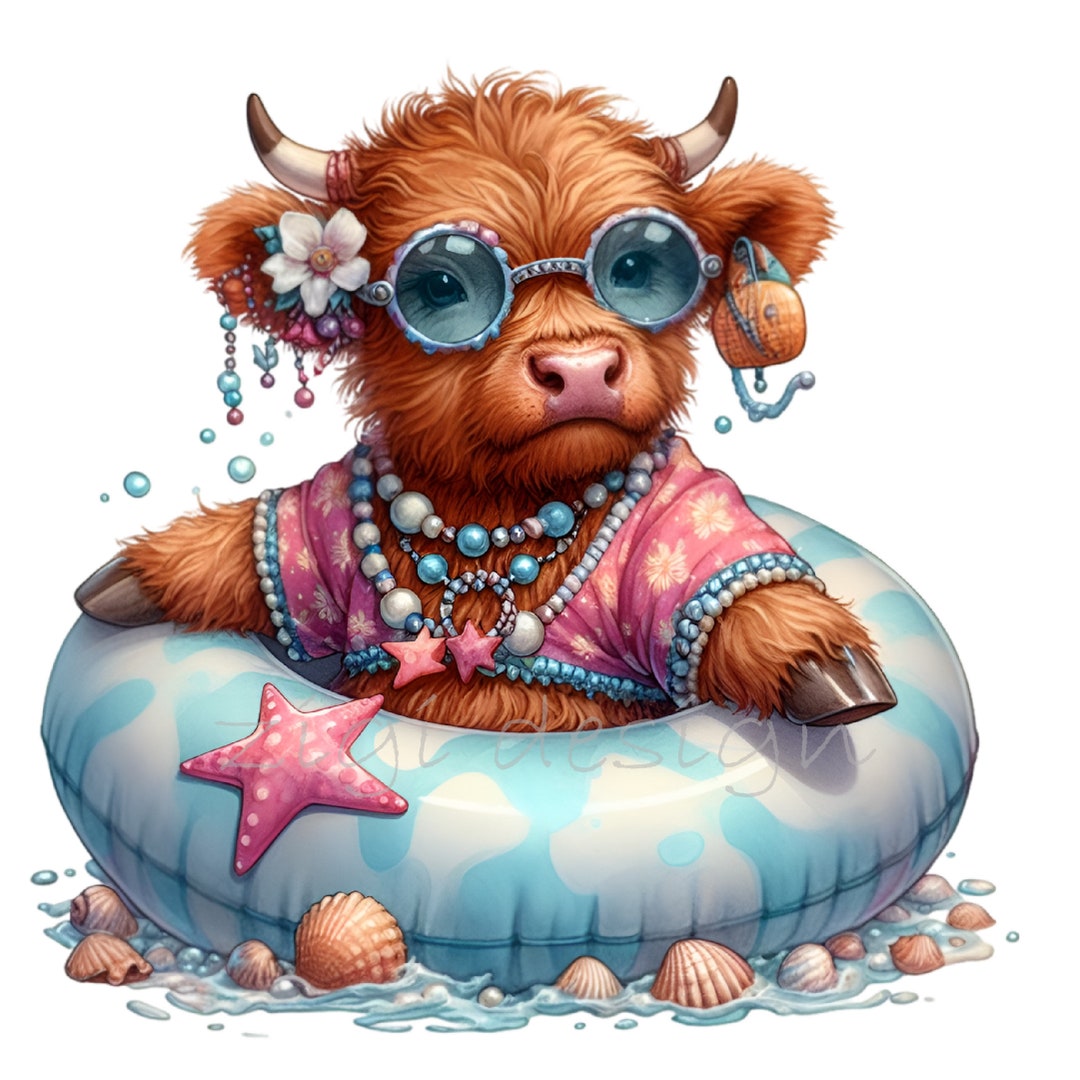 10 Beach Cow PNG Clipart - Highland Cow in Sunglasses & Floatie - Cute ...