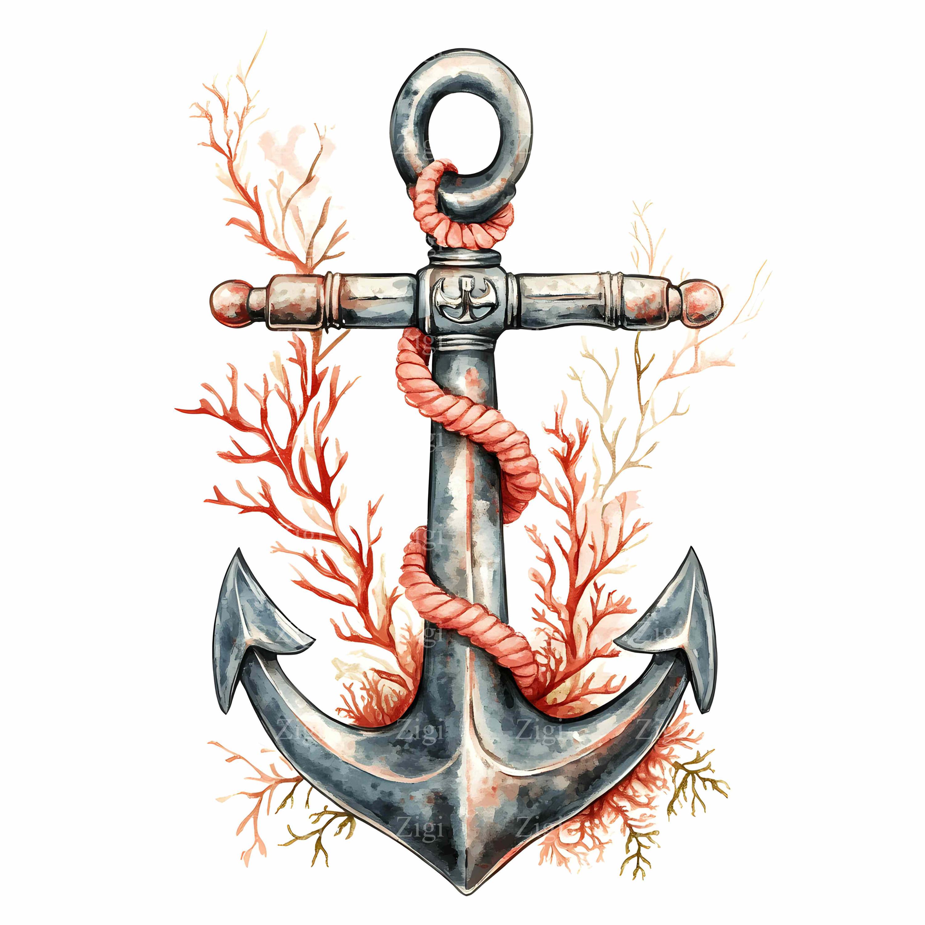 44 JPEG Watercolor Nautical Anchor Clipart - Ocean Splash Rope Anchor ...