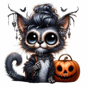 Gothic Halloween Cat Skeleton Clipart, 14 Spooky Cat With Pumpkin PNG ...