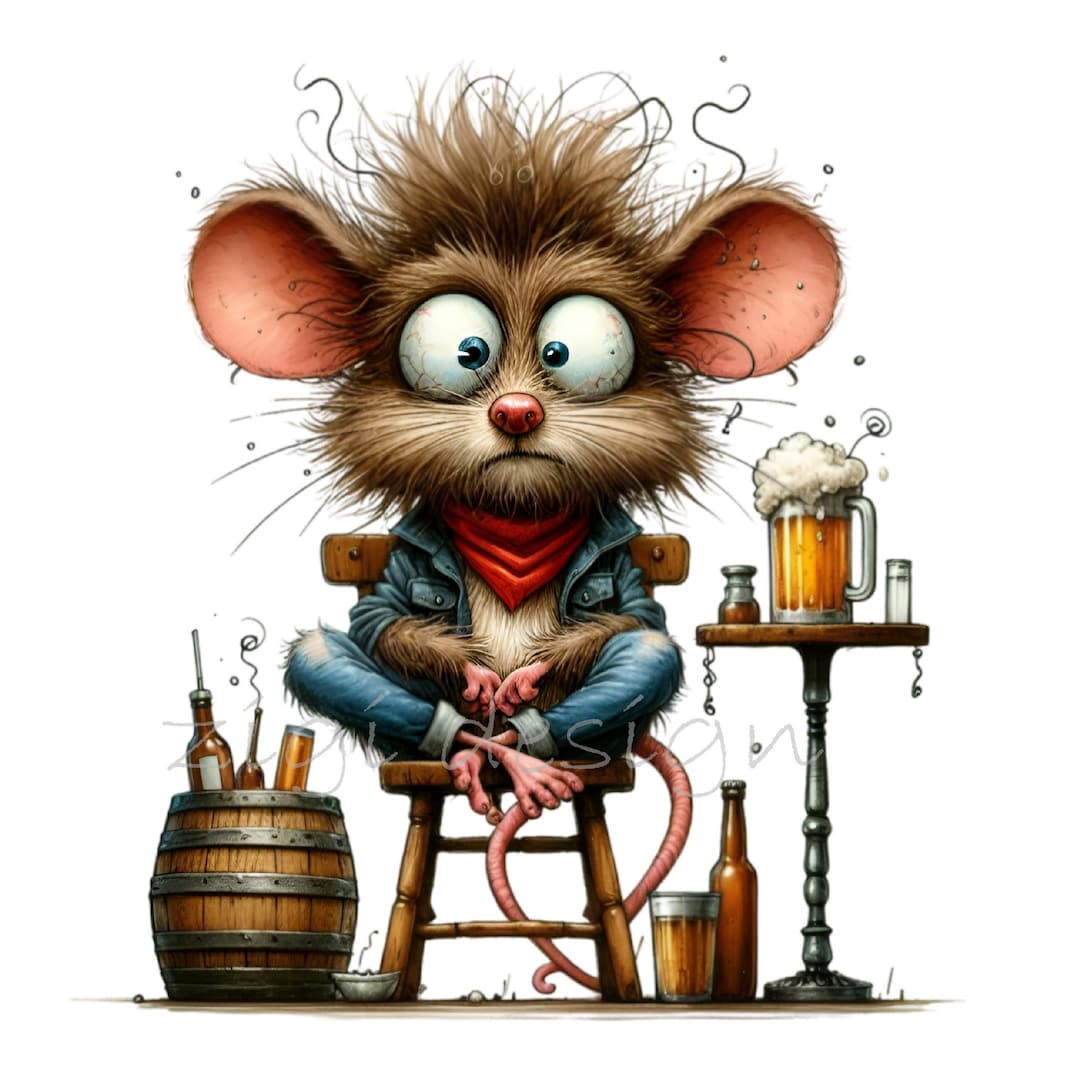 12 Funny Drunk Mouse PNG Clipart, Cartoon Mouse in Denim With Beer Mug ...