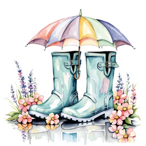 Rain Boots Clipart Bundle, 20 PNG Watercolor Umbrella Rubber Boots ...