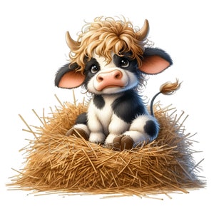 15 PNG Cute Curly-haired Cow Clipart PNG – Baby Calf in Straw Digital ...