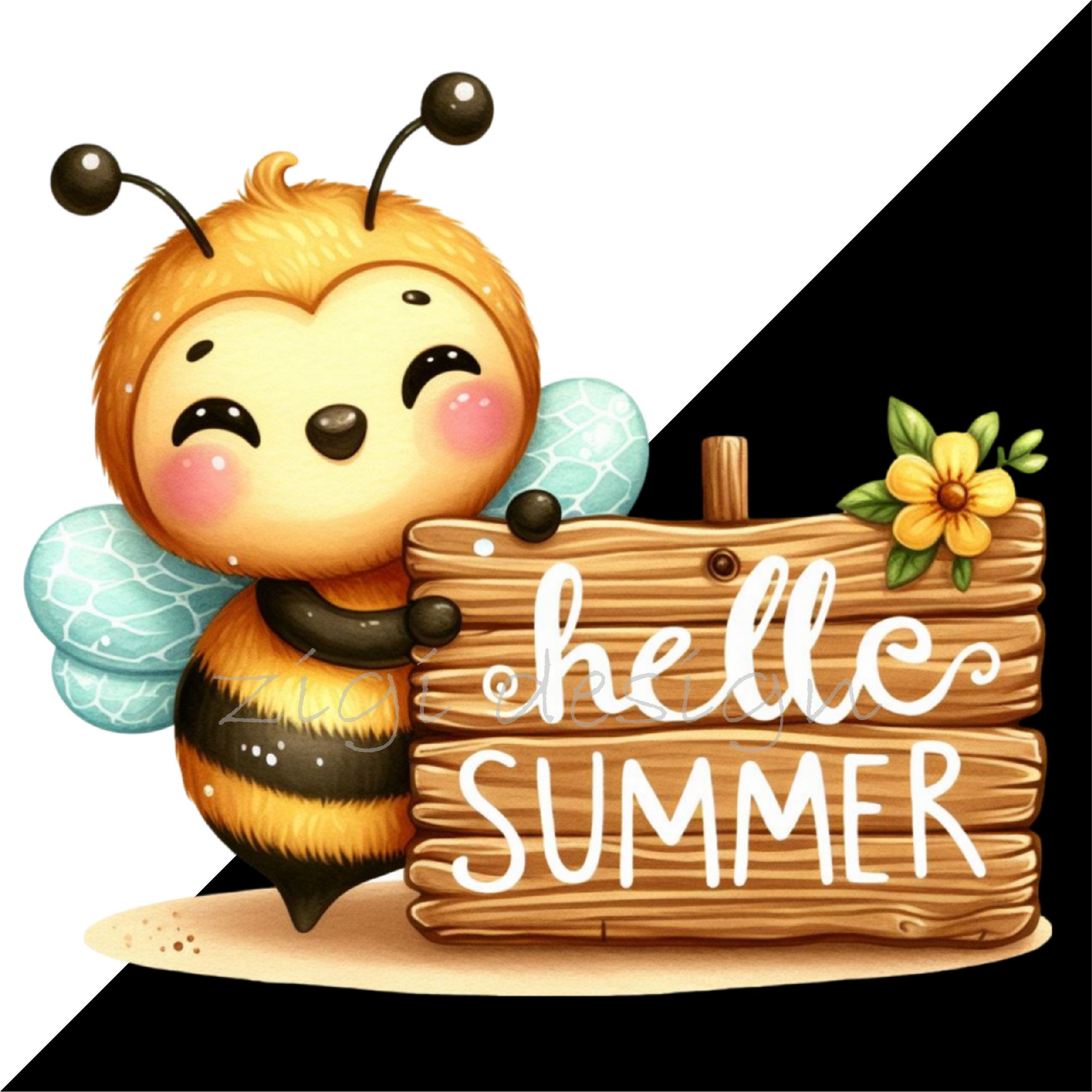 10 PNG Hello Summer Bee, Sunflower Bumblebee Clipart, Garden Sign ...