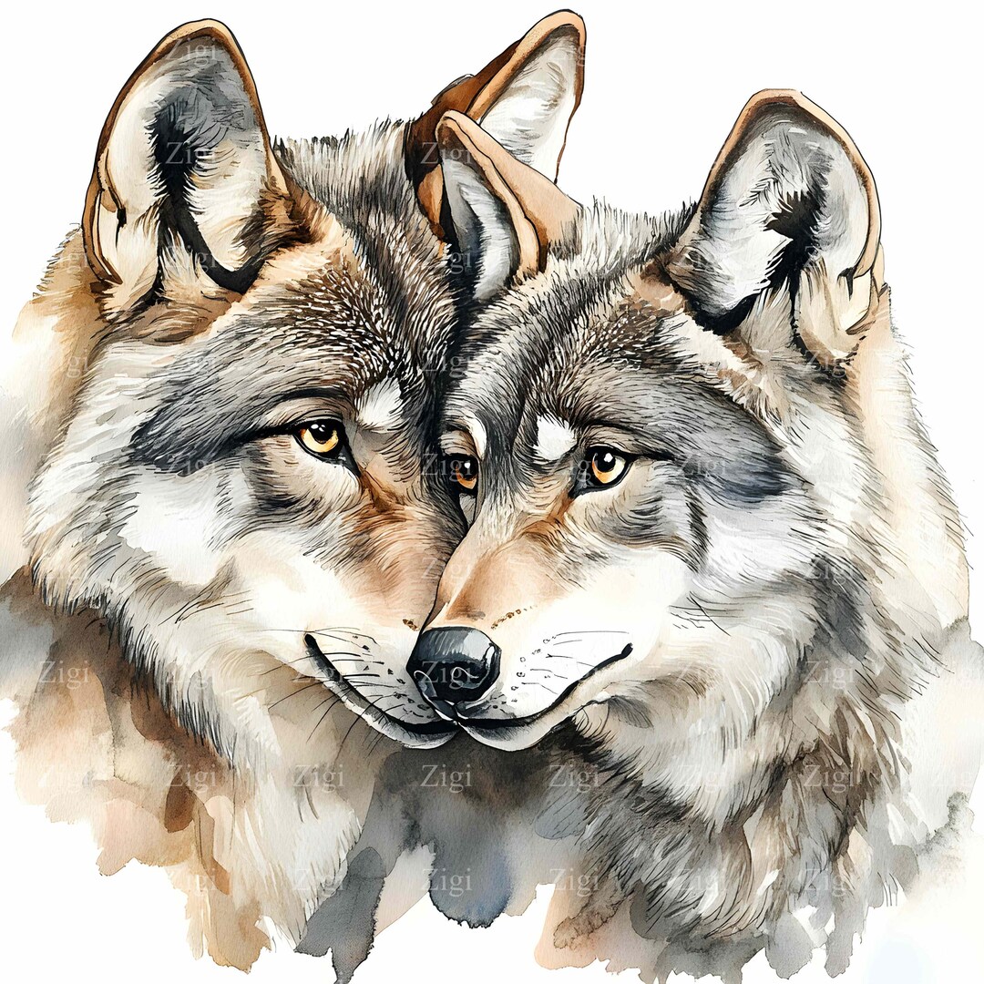 16 JPEG Romantic Wolves Clipart - Two Loving Wolves Snuggling in a ...