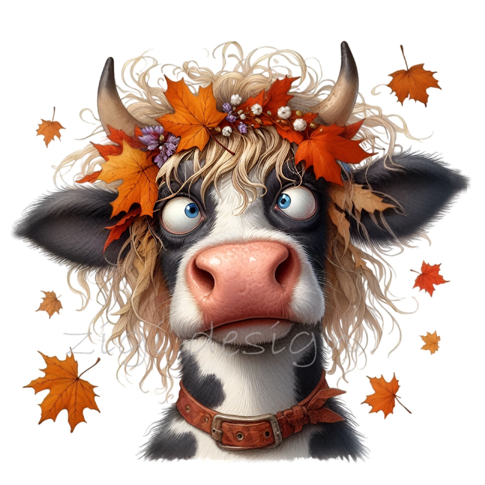 Funny Cow Fall Leaves Clipart, 15 PNG Farm Autumn Cartoon Illustration ...
