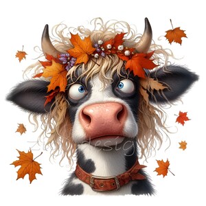 Funny Cow Fall Leaves Clipart, 15 PNG Farm Autumn Cartoon Illustration ...