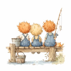 16 PNG Fishing Kids Clipart – Three Children on Pier PNG – Rustic ...
