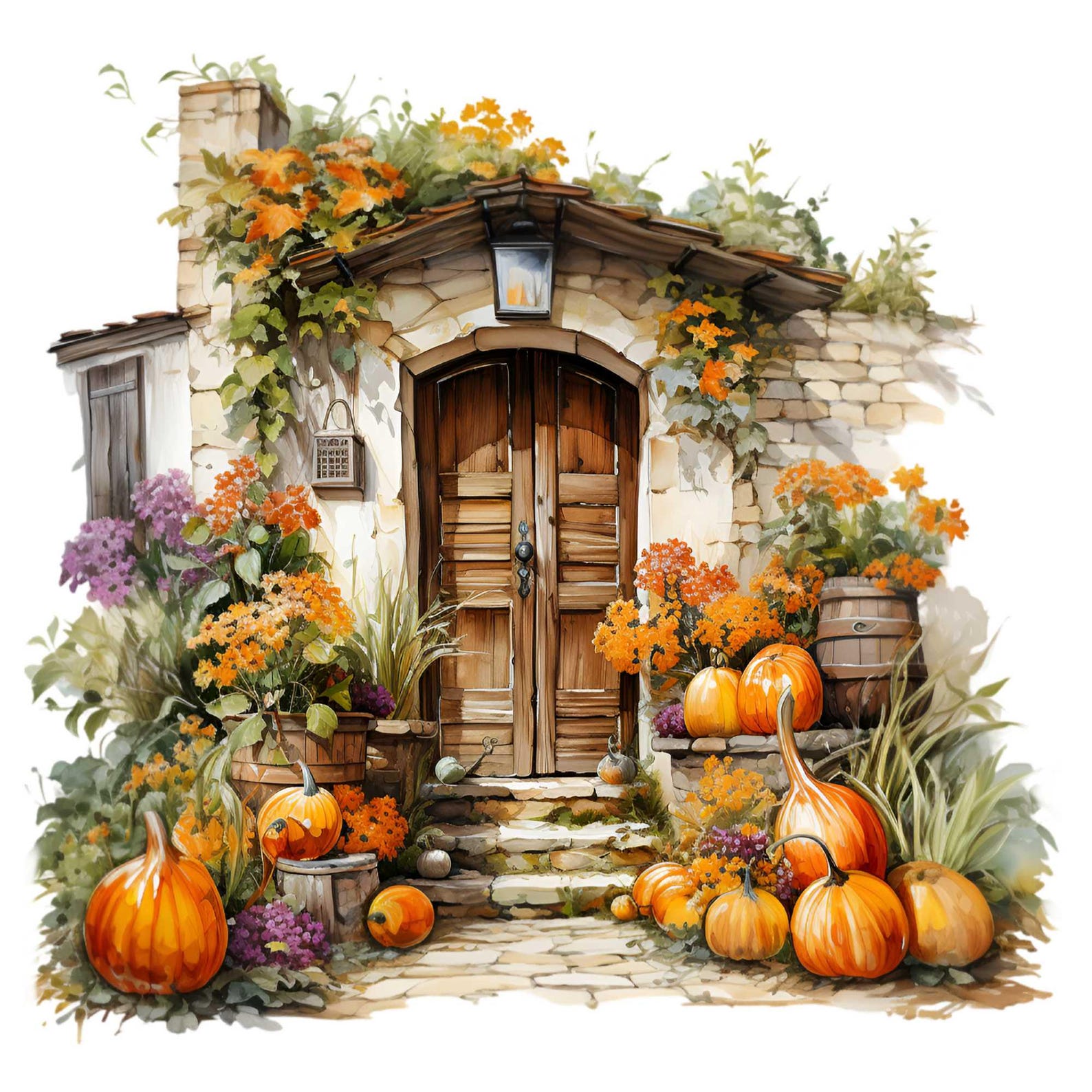 10 Autumn Cottage With Pumpkins PNG Clipart – Fall House Illustration ...