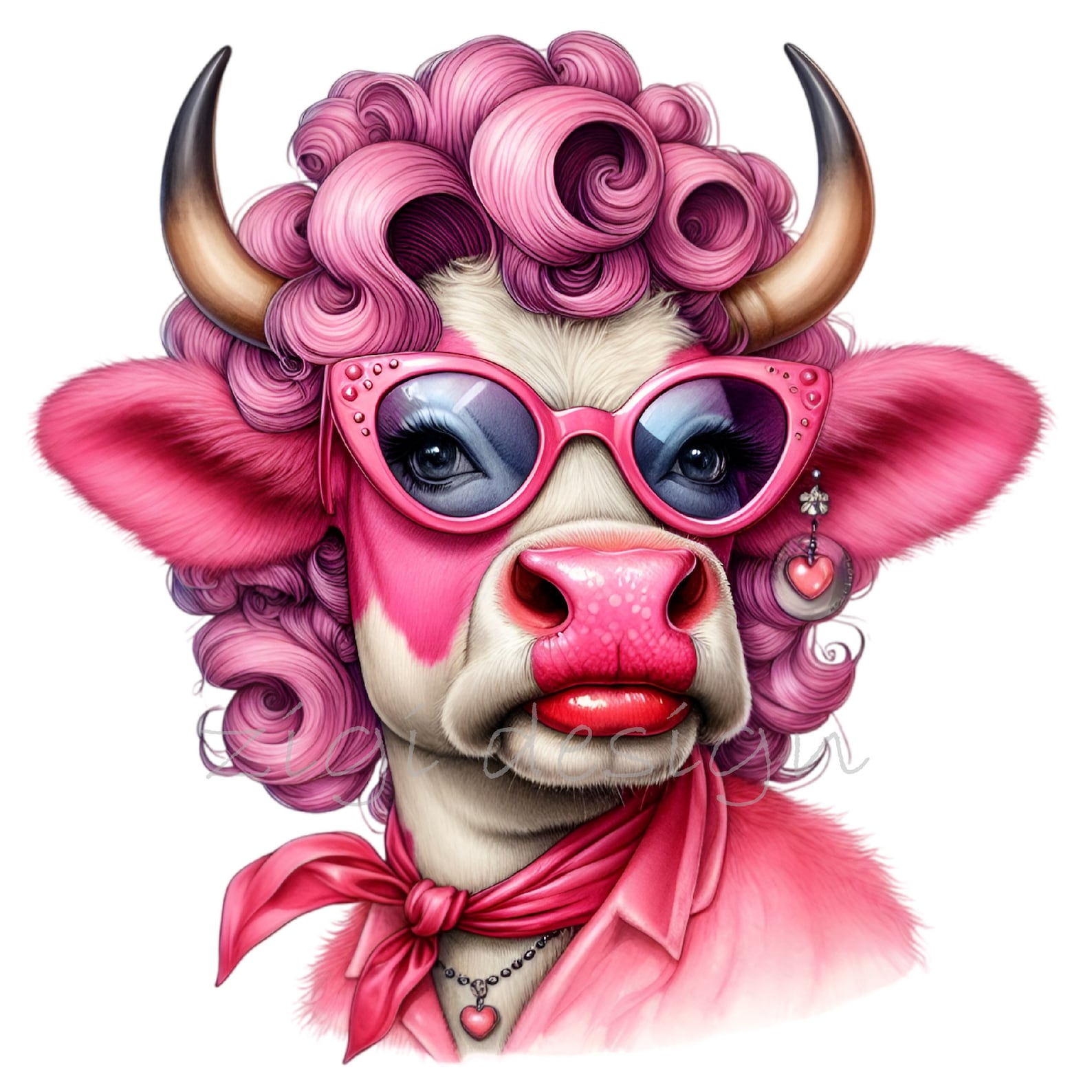 Glamorous Pink Cow Digital Clipart 12 PNG Cute Cow Illustration With ...