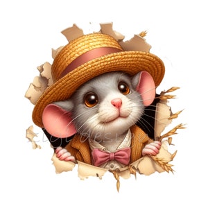 Charming Mouse Clipart 12 PNG Cute Mouse in Straw Hat and Bow Tie High ...