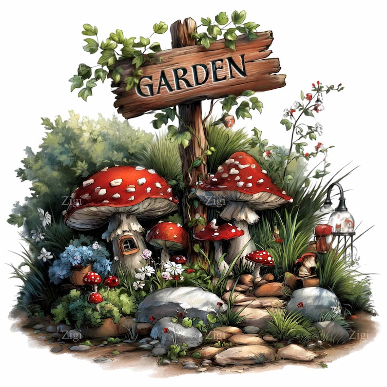 16 PNG Watercolor Mushroom House Clipart, Garden Sign Fairy Cottage ...