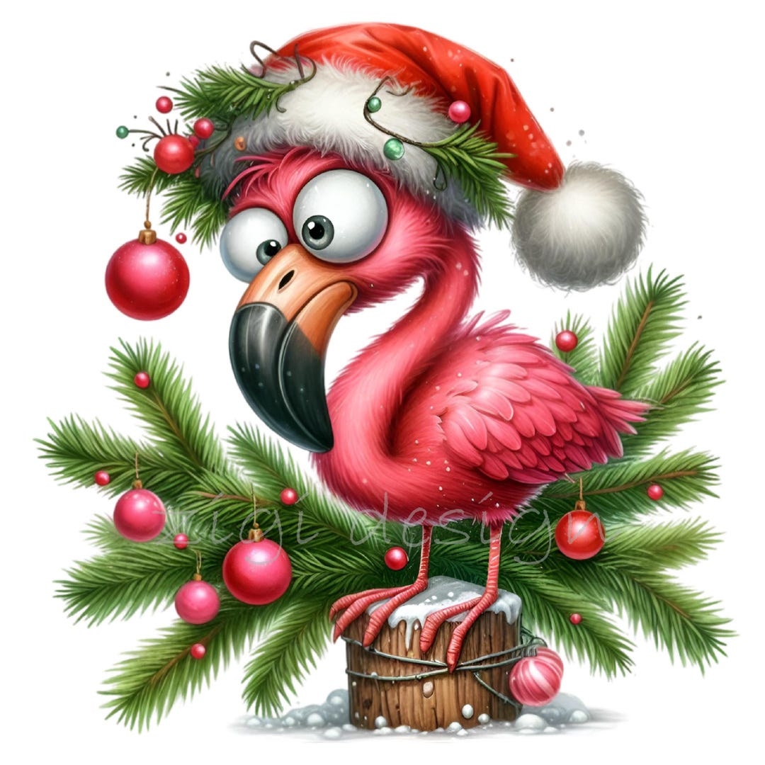 Christmas Flamingo Clipart With Santa Hat and Ornaments, 15 Cute PNG ...