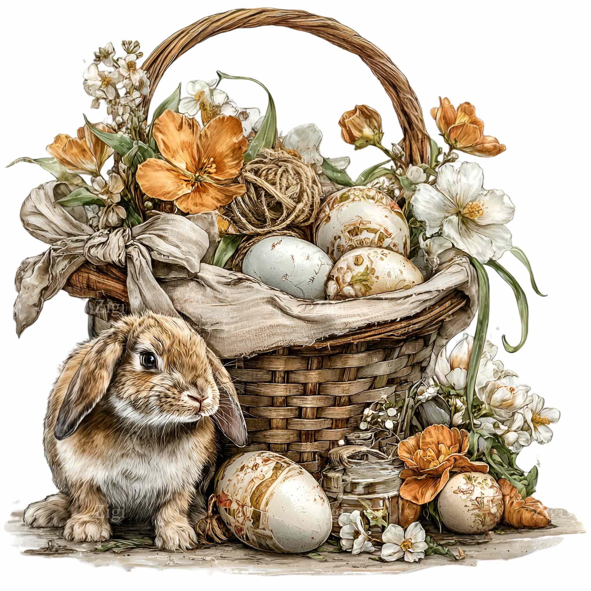 15 PNG Easter Rabbit Clipart, Floral Egg Basket Illustration Spring ...