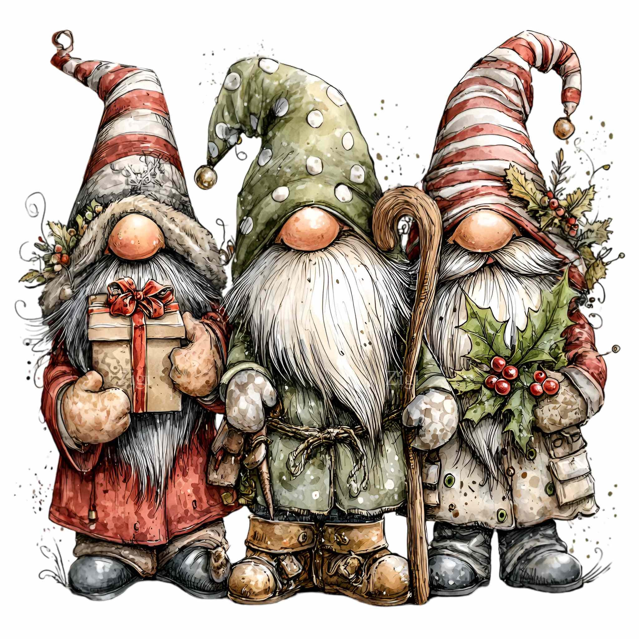 12 PNG Watercolor Christmas Three Gnomes Holiday Clipart Graphic - Etsy