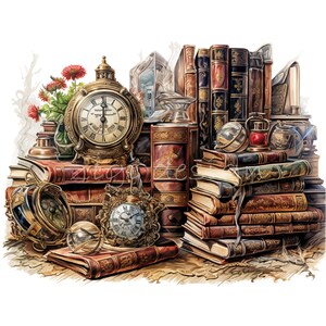 Vintage Bookshelf Clipart PNG, 15 Antique Books and Decor, Steampunk ...