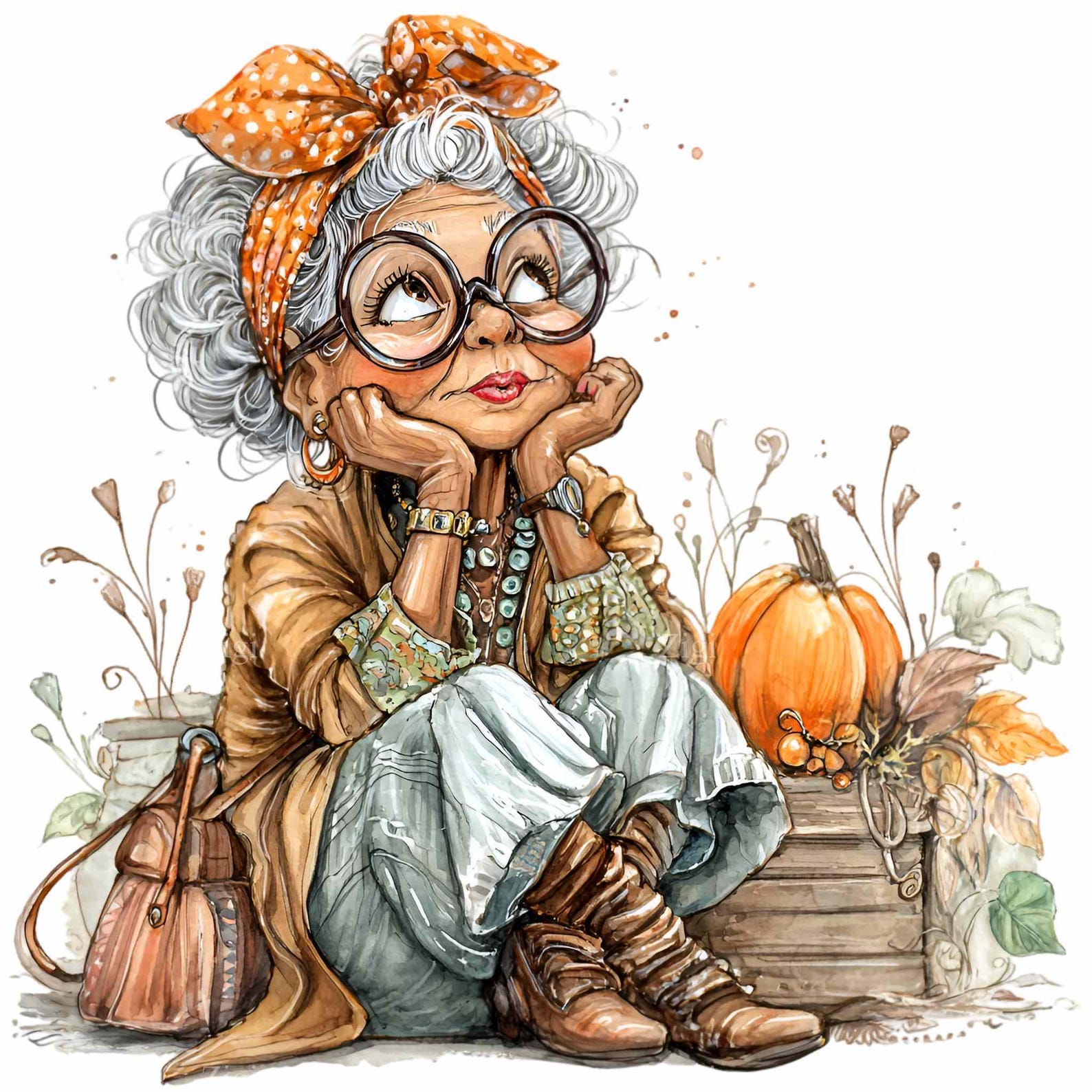 12 PNG Fall Grandma PNG – Cute Autumn Lady Clipart With Pumpkins ...