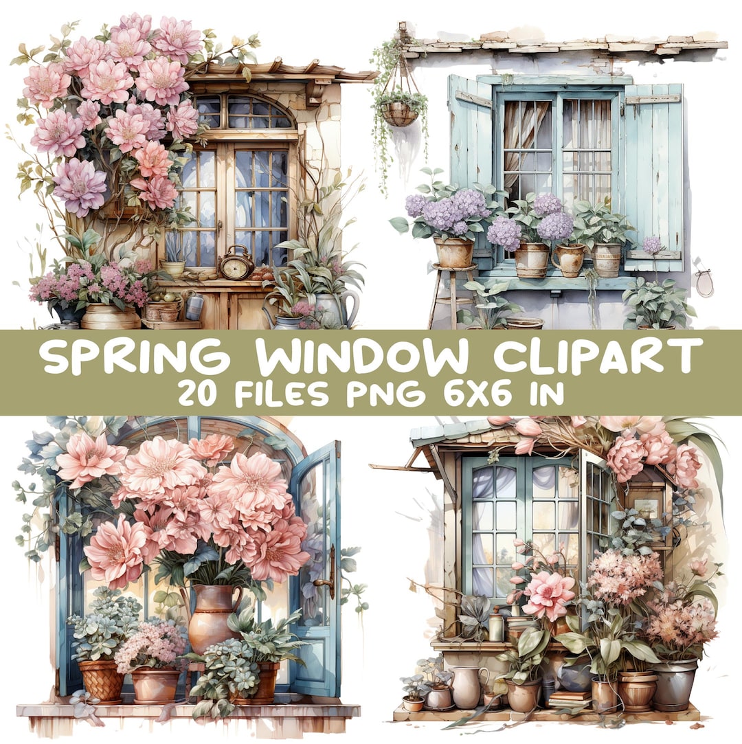 20 Spring Window PNG Clipart Bundle, 20 PNG Files, Watercolor Floral ...