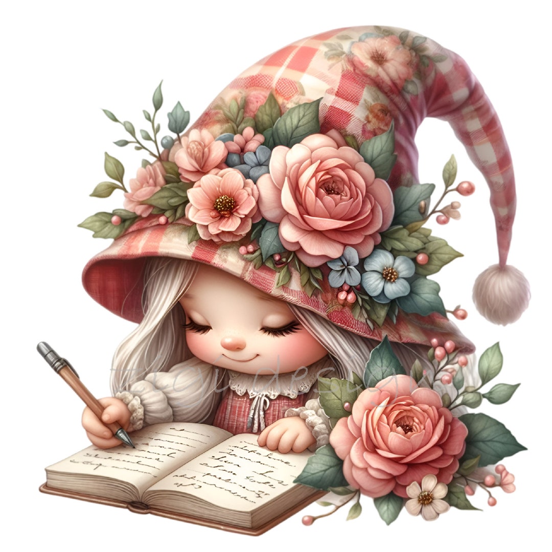 12 Cute Girl Gnome PNG Clipart Writing in Journal, Wearing Floral Hat ...