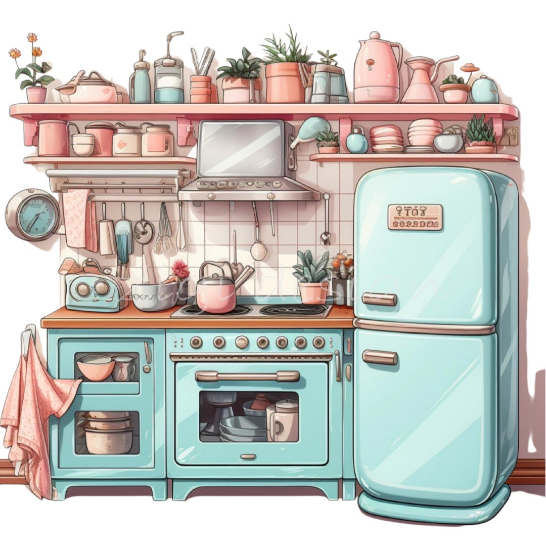 24 Retro Pastel Kitchen PNG Clipart, Vintage Blue Fridge & Stove With ...