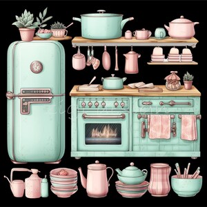 24 Retro Pastel Kitchen PNG Clipart, Vintage Blue Fridge & Stove With ...