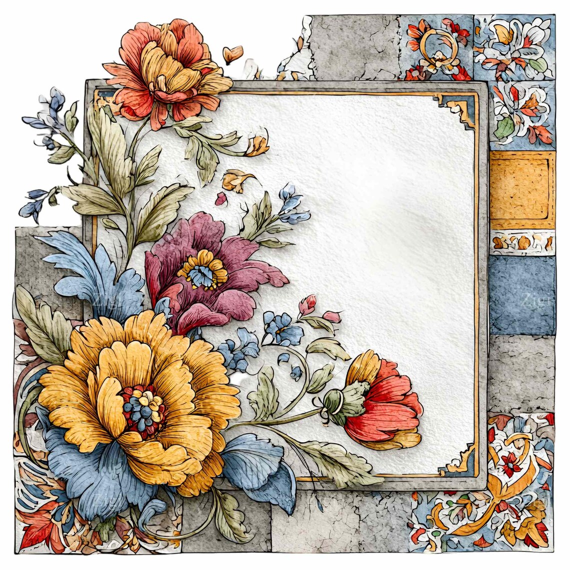 10 PNG Patchwork Floral Frame – Torn Paper and Wildflower Clipart ...