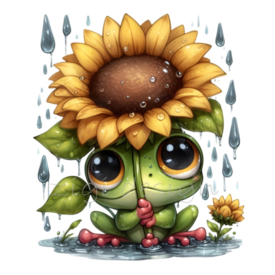 10 PNG Sunflower Frog Clipart – Rainy Day Download – Whimsical Kawaii ...