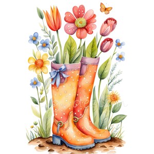 Floral Rain Boot PNG Clipart, 30 Watercolor Garden Boot & Flowers ...