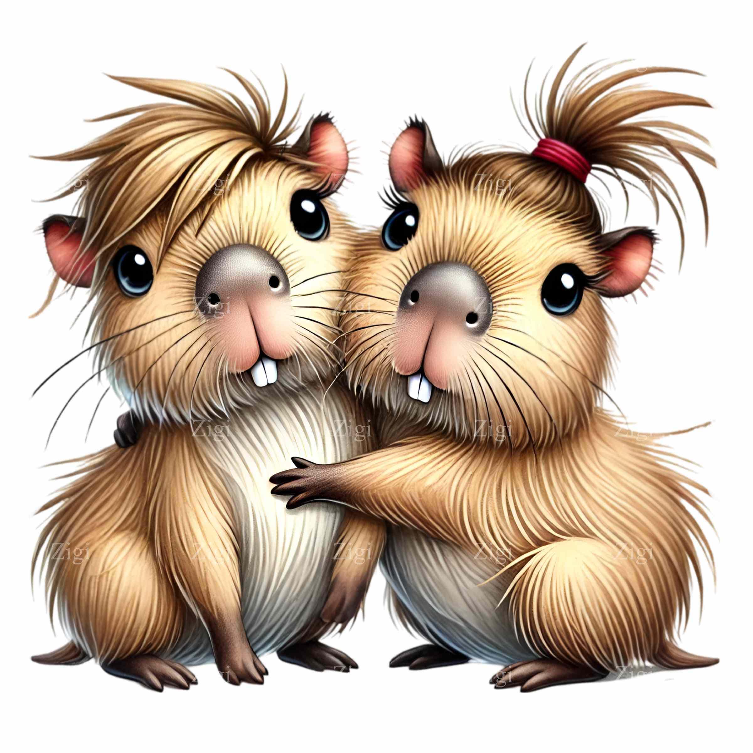 12 Cute Capybara Couple PNG Clipart Hugging With Funny Hair | Adorable ...